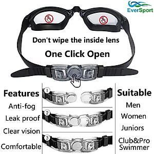 EverSport Swim Goggles, Swimming Glasses for Adult Men Women Youth Kids Child, Anti-Fog, UV Protection, Blue&Black