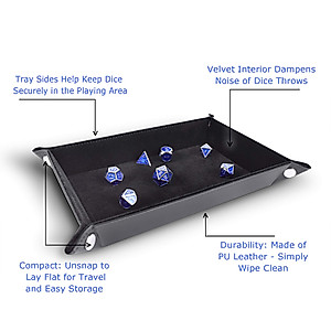 RNK Gaming Folding Dice Tray PU Leather and Black Velvet Rectangle for Dice Rolling Games Like DND d&d
