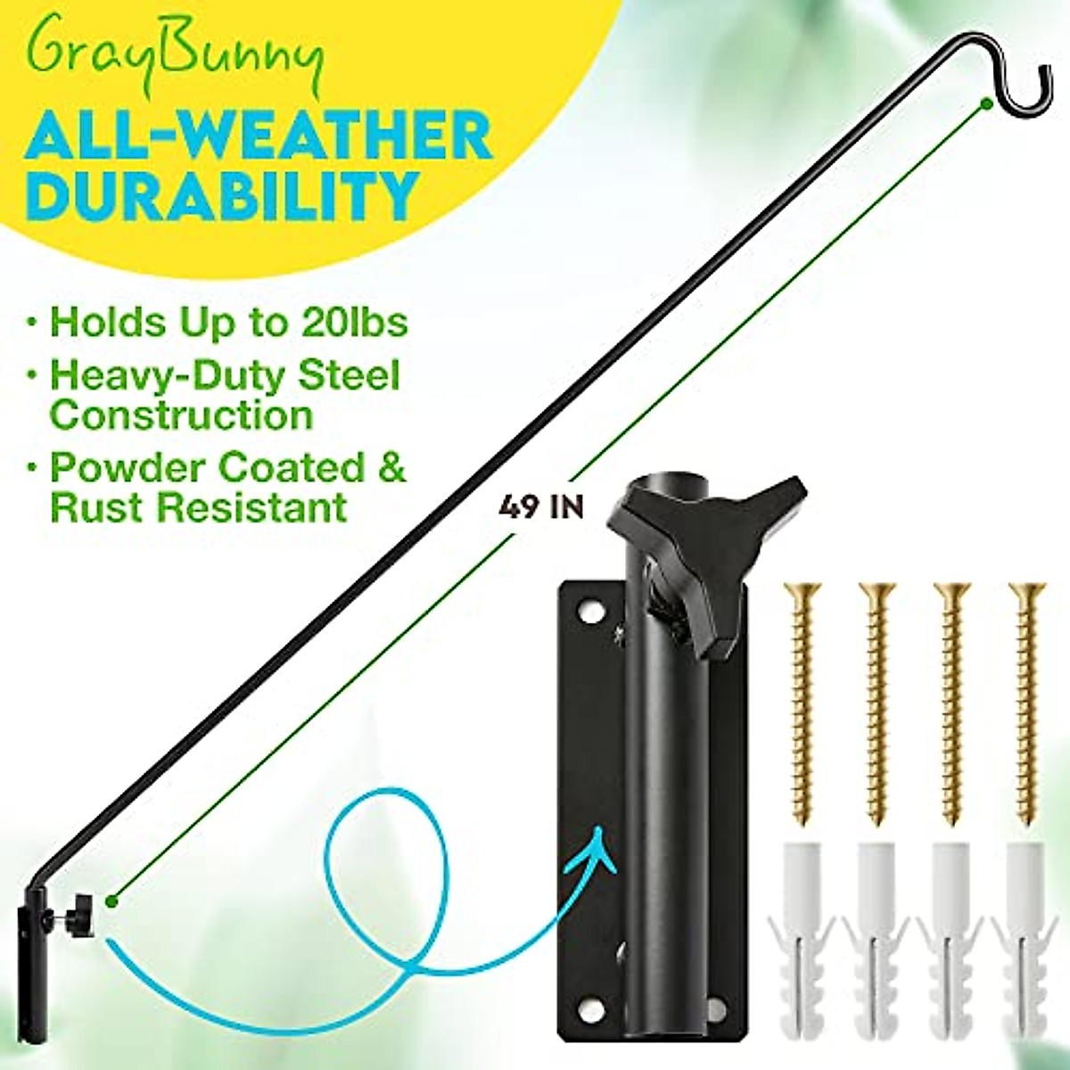 Extended Bird Feeder Pole - 49" Heavy Duty Deck Hook Wall Mounted, Bird Feeder Hanger for Railing, Deck Hook for Bird Feeders, Plants, Suet Baskets - Rust Proof & Adjustable, Black
