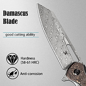 KANSEPT Shard Pocket Folding Knives for Men EDC Camping Folding Knife 3.48'' Damascus Material Pocket Folding Knife with Blackwash Titanium Copper Carbon Fiber Handle Everyday Carry K1006C2
