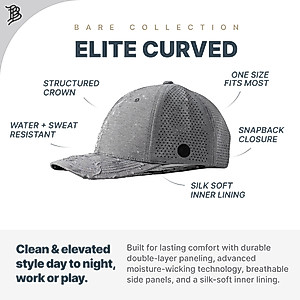 Branded Bills Bare Elite Curved Hat, Heather Grey, Fits 7-7.5, with Curved Bill, Double Layer Performance Paneling, Adjustable Snapback, Silk-Soft Front Lining, Quad-Foam Band, Water-Repellent Shell
