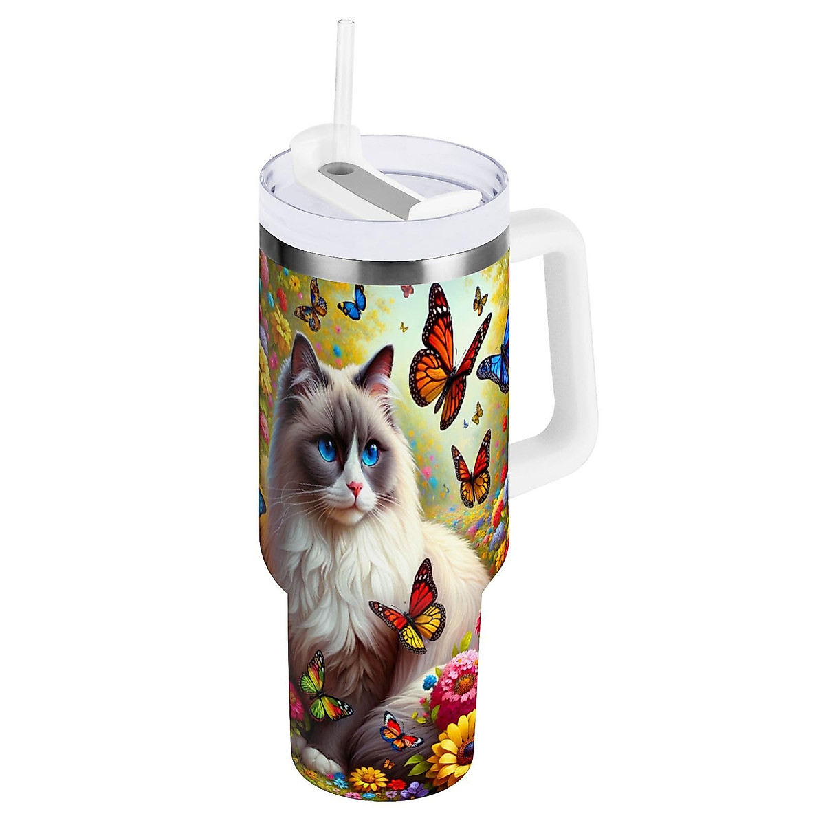 ODAWA Butterfly Cat Insulated Tumbler 30 Oz Coffee Travel Mug with Handle and Straw Lid