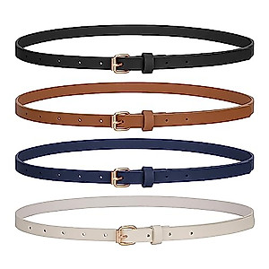 JASGOOD 4 Pack Skinny Women Leather Belt for Dresses Thin Waist Belt for Jeans Pants with Gold Buckle