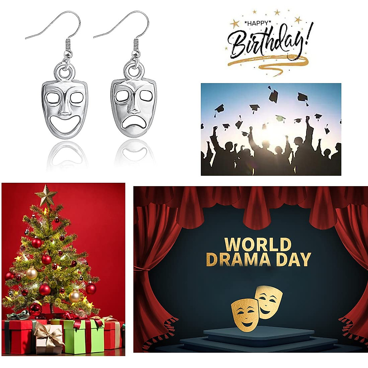 Gzrlyf Comedy and Tragedy Mask Earrings Drop Dangle Earrings Drama Masks Jewelry Theater Gifts (drop dangle earrings)