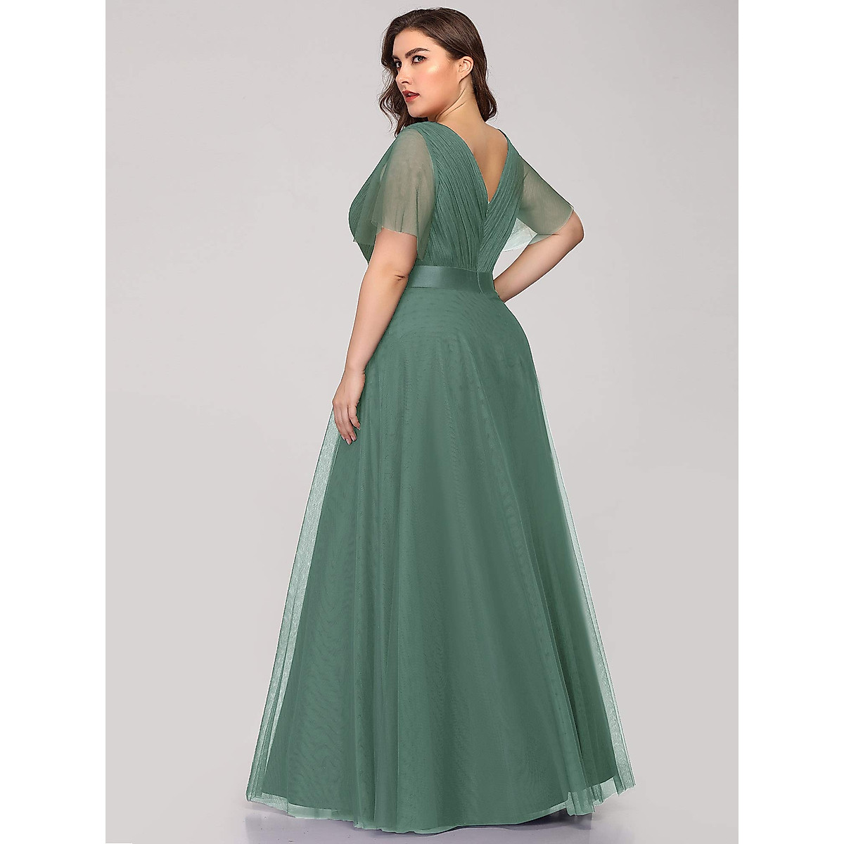 Ever-Pretty Women's Ruffle Sleeves Double V-Neck Tulle Wedding Party Dresses Plus Size Green US20