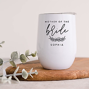 Andaz Press Personalized Mother Of The Bride Wine Tumbler with Lid 12 Oz Stemless Stainless Steel Insulated Custom Name Tumbler Gift for Mother in Law Mom Wedding Engagement Party Bridal Shower Gifts