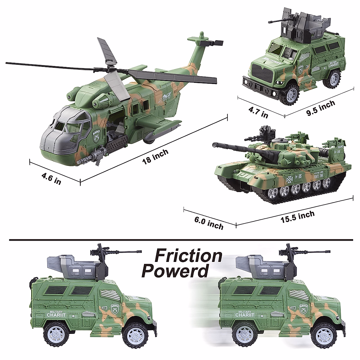 JOYIN Military Reconnaissance Vehicle Toy Set of Friction Powered Helicopter, Tank, Armored Car with Light and Sound, Motorcycle, Camp and Army Figures, Realistic Military Vehicle Playset for Kids