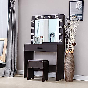 Drawer Unit Vanity Set with Lighted, Makeup Vanity Dressing Table with Large Drawer for Bedroom, Vanity Table with Cushioned Stool Set Short Long Table with Drawers (Walnut, One Size)