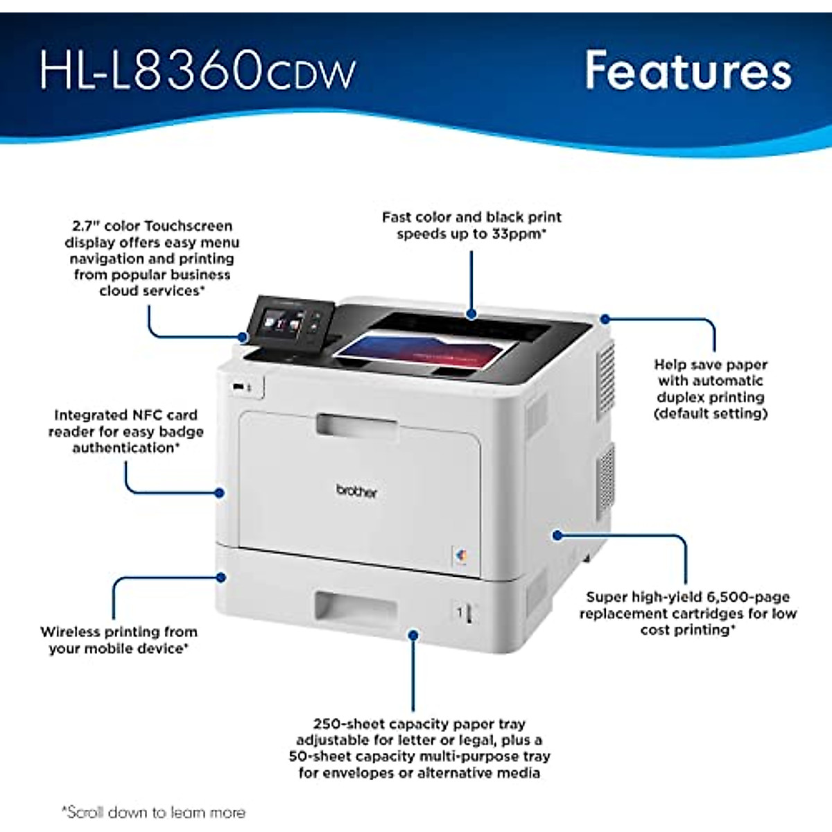 Brother HL-L8360CDW Business Color Laser Printer,33ppm, Ethernet, 2.7” Color Touch LCD, Auto 2-Sided Printing, NFC Connectivity, Durlyfish
