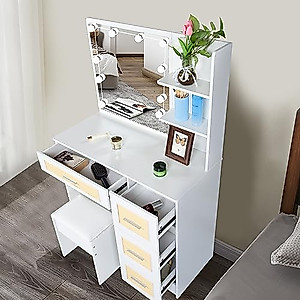 JBLCC Makeup Vanity Table with Lighted Mirror,Large Vanity Desk Set with Shelves, Dresser Desk and Cushioned Stool Set White (3076)