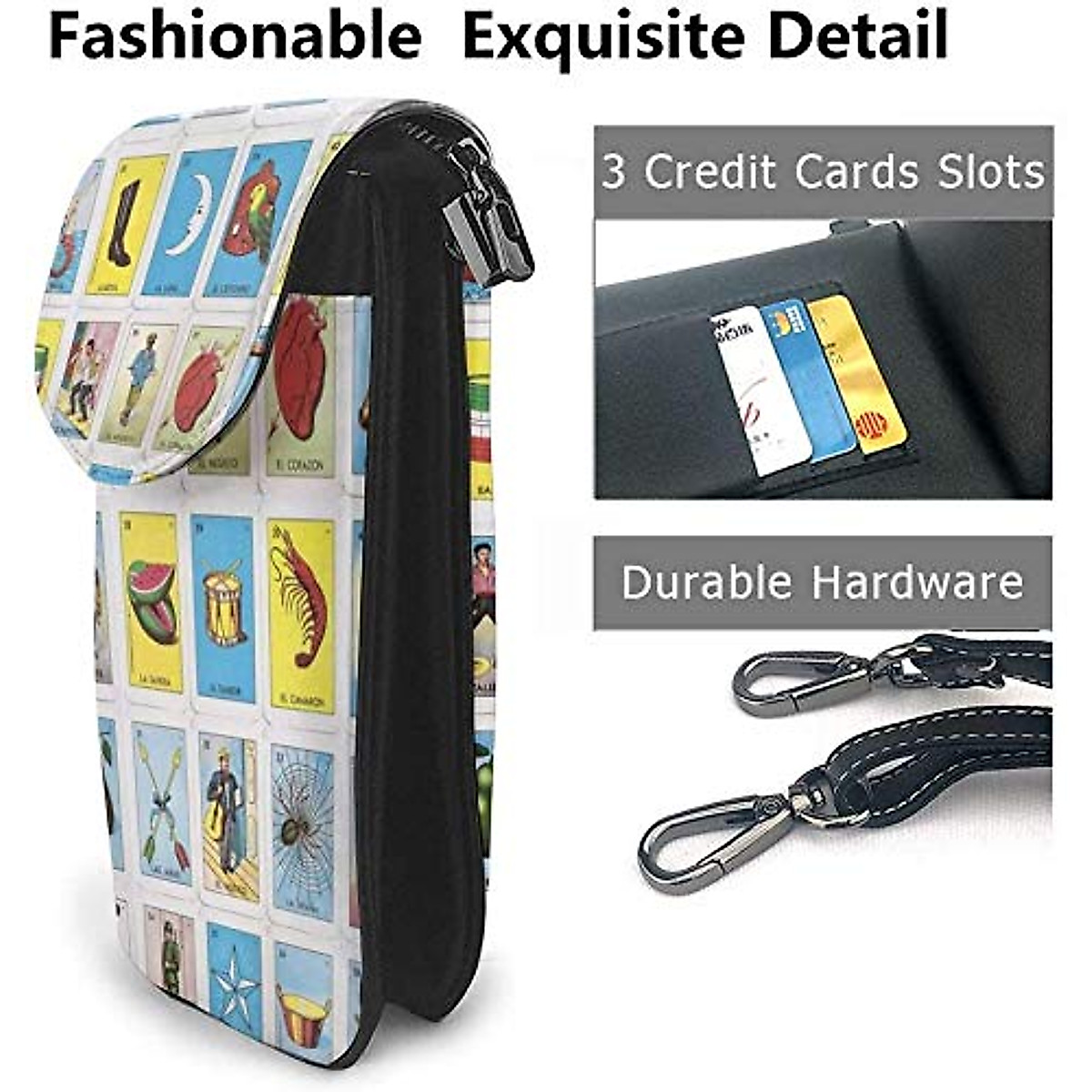Loteria Card Pattern Women Soft PU Leather Cellphone Purse Wallet Handbag Small Crossbody Shoulder Bag
