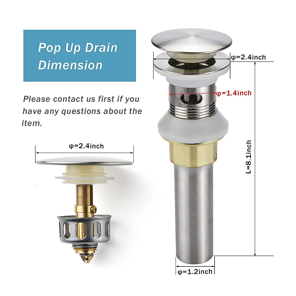 Rockgoya Bathroom Sink Drain,Drain Stopper Bathroom Sink with Overflow,Pop Up Drain Assembly with Detachable Strainer Basket,Built-in Anti-Clogging Strainer,Stainless Steel Brushed Nickel