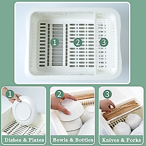 Lyellfe Plastic Dish Drying Rack, Dish Dryer Holder with Cover Lid and Removable Drainboard, White Utensil and Cup Holder for Kitchen Counter, Dish Dryer Shelf, Medium Size