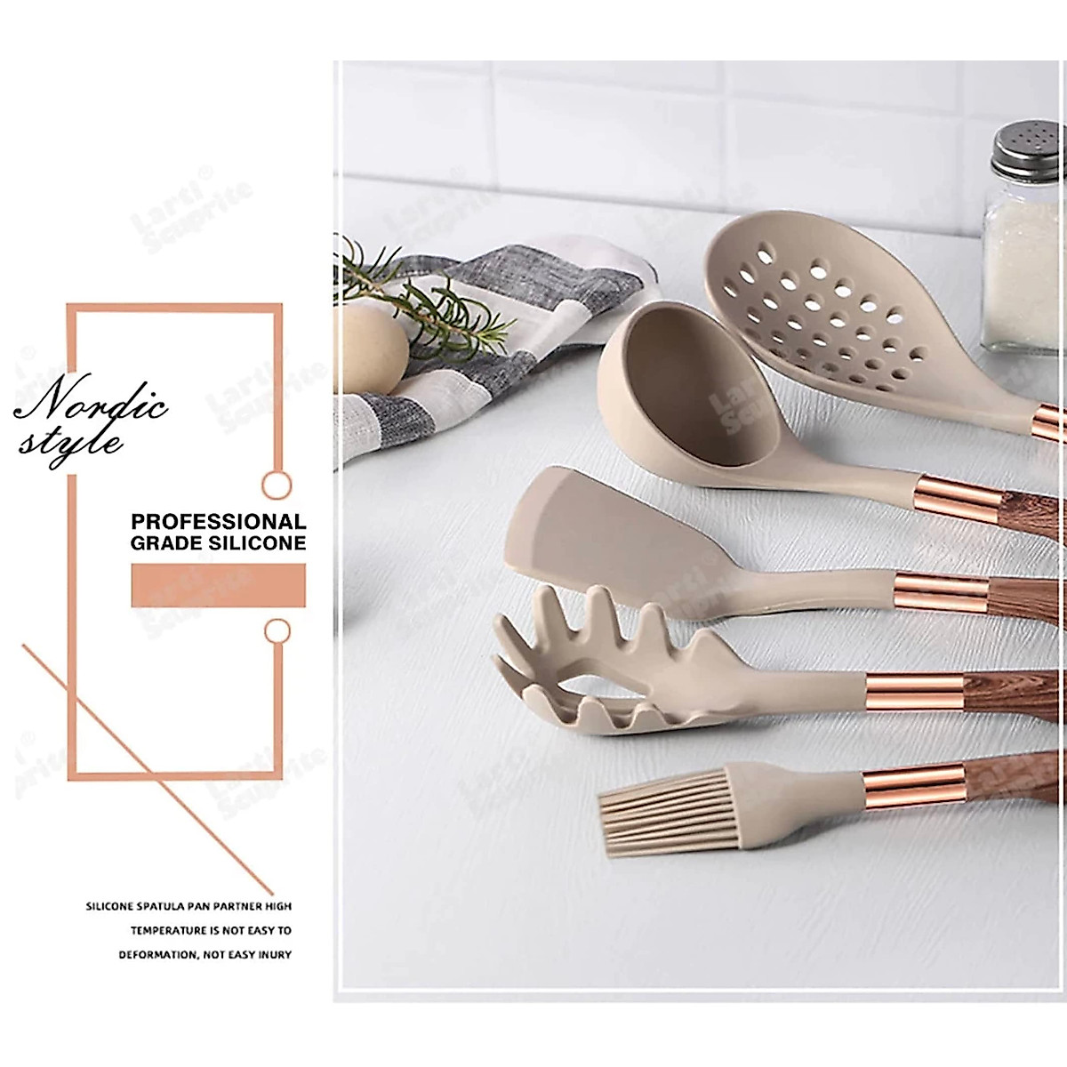 Chef Kitchen Cooking Utensils Set, Non-Stick Silicone Cooking Kitchen Utensil Set with Holder, Wooden Handle Silicone Kitchen Gadgets Utensil Set (OakWood)