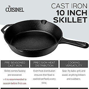 Cuisinel Pre-Seasoned Cast Iron Skillet 2-Piece Set (10-Inch and 12-Inch) Oven Safe Cookware - 2 Heat-Resistant Holders - Indoor and Outdoor Use - Grill, Stovetop, Induction Safe
