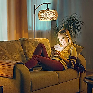 Arc Floor Lamp with Remote Control, Dimmable LED Floor Lamp with 3 Color Temperature, Black Standing Lamp with Rattan & Fabric Double Drum Shade, Boho Farmhouse Tall Pole Lamp for Living Room Bedroom