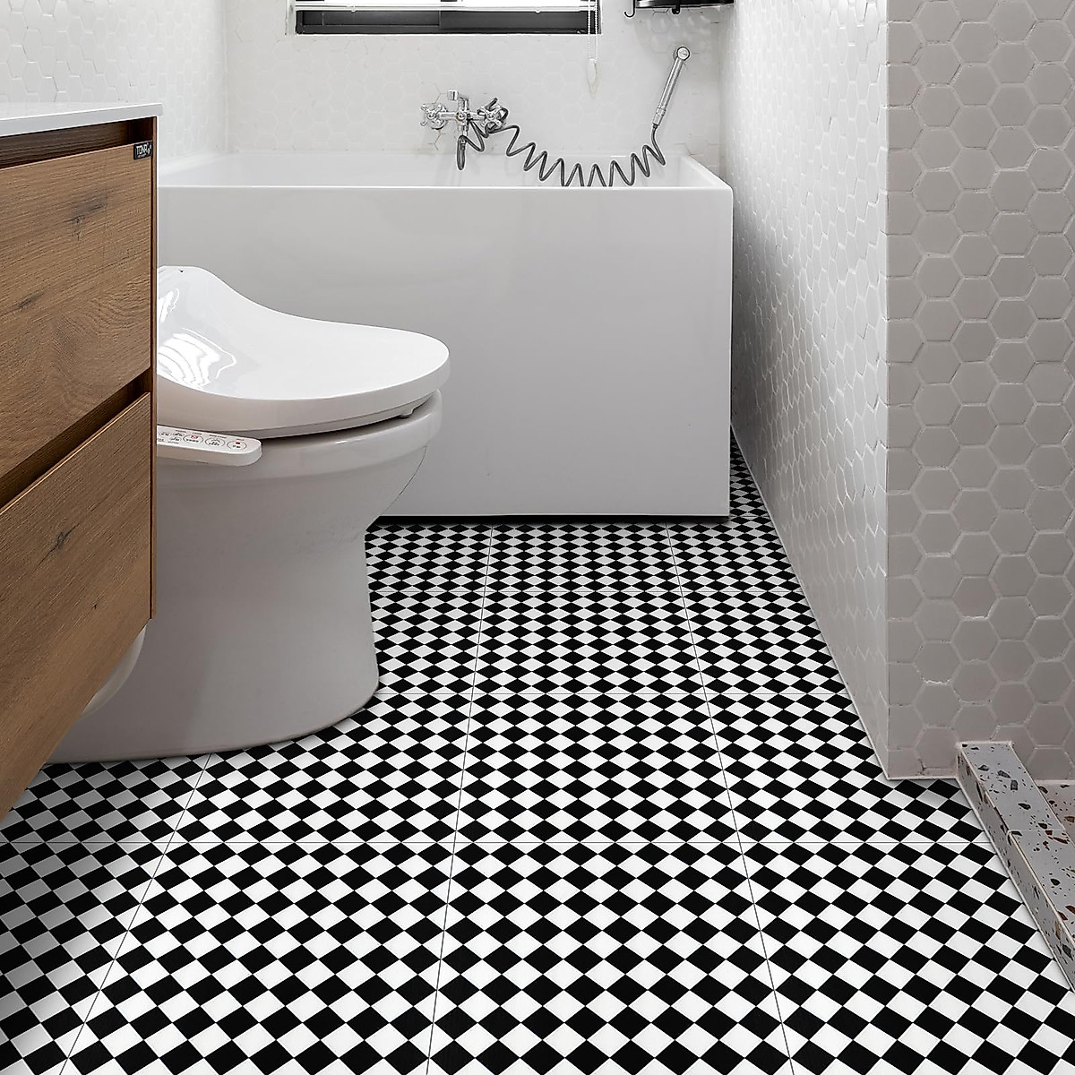 Peel and Stick Floor Tile Black and White Self-Adhesive Waterproof Vinyl Flooring for Kitchen, Bedroom, Living room, Bathroom, 11.8 in×11.8 in, 10pcs