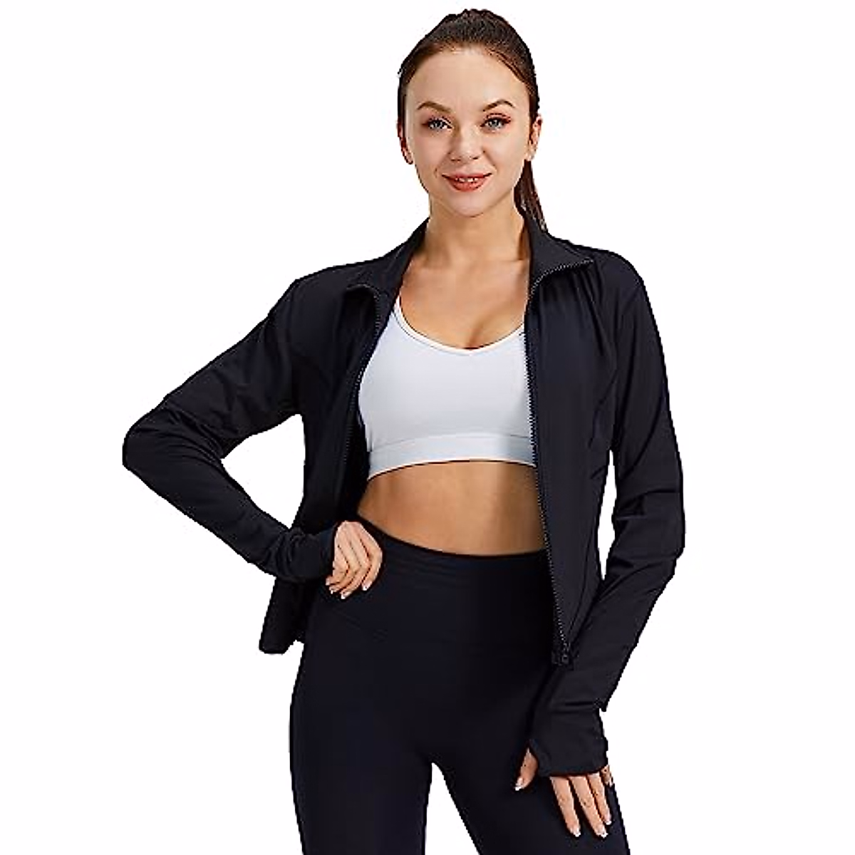 SEDOCU Women Workout Running Track Jacket Full Zip up Slim Fit Yoga Sports Athletic Jacket with Thumb Holes Black