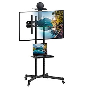 Mount-It! TV Cart Mobile TV Stand Wheeled Height Adjustable Flat Screen Television Floor Stands with Rolling Casters and Shelf, VESA Compatible TV Mount Bracket Fits Displays 37 to 70 Inch, 110 Lbs