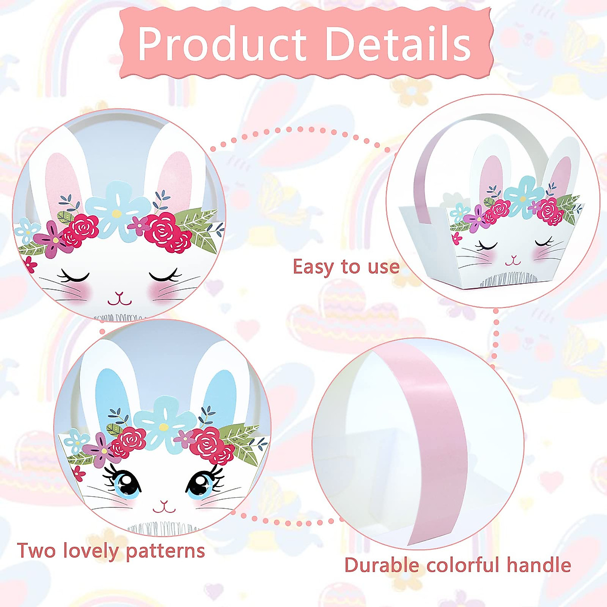 WEEPA Easter Treat Boxes Mini Paper Easter Baskets for Kids DIY Egg Hunt Bunny Gift Box with Handle Cute Bunny Easter Basket Containers Easter Party Decoration for Birthday Baby Shower, 12 pcs