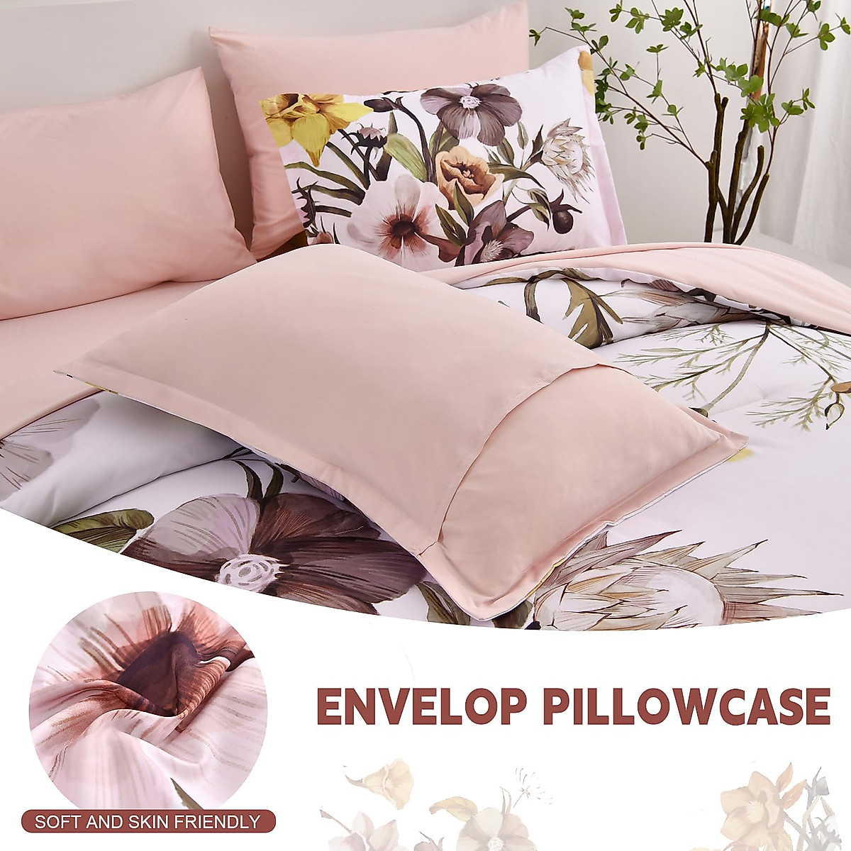 Drucon Duvet Cover Queen Size,Reversible 3 Pieces Floral Duvet Cover Set,Blush Bedding Set for All Season,Soft and Breathable Bedding Set with Zipper Closure & Corner Ties(Queen, 90"x90")