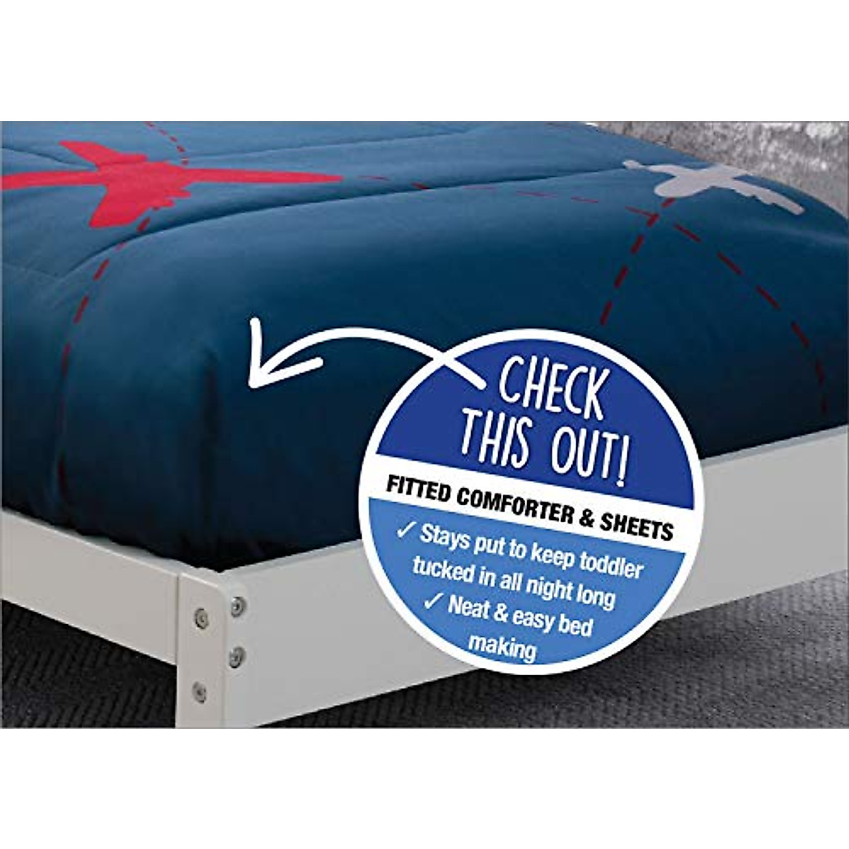 Delta Children 4 Piece Toddler Bedding Set for Boys - Reversible 2-in-1 Comforter - Includes Fitted Comforter to Keep Little Ones Snug, Bottom Sheet, Top Sheet, Pillow Case - Airplane Flight Plan