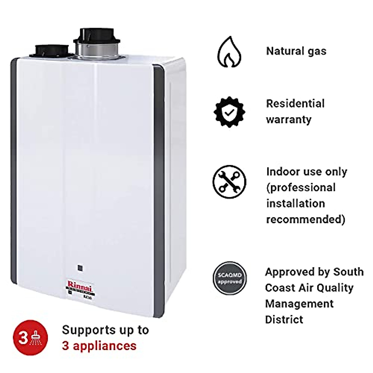 Rinnai RUCS65iN Tankless Hot Water Heater, 6.5 GPM, Natural Gas, Indoor Installation