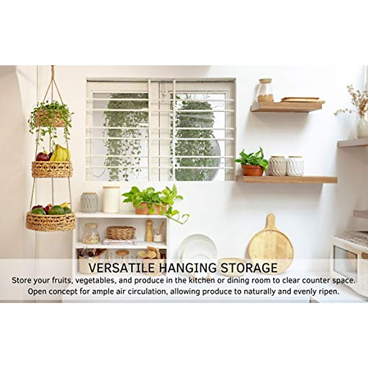 Hanging Shelves for Wall [Set of 2 w/ Hooks] Wooden Shelf, Hanging Fruit Basket Woven 3 Tier for Kitchen, Counter Space Saver Decorative Storage Boho Home Decor Planter Bathroom, Living Room Bedroom