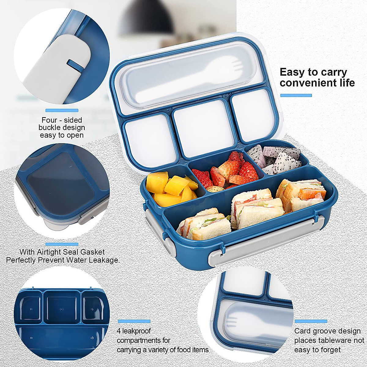 Ylebs Bento Box 1300ML Bento Lunch Boxes For Adults,4 Compartment Lunch Containers With Spoon & Fork,Microwave & Dishwasher & Freezer Safe,BPA Free (Blue)