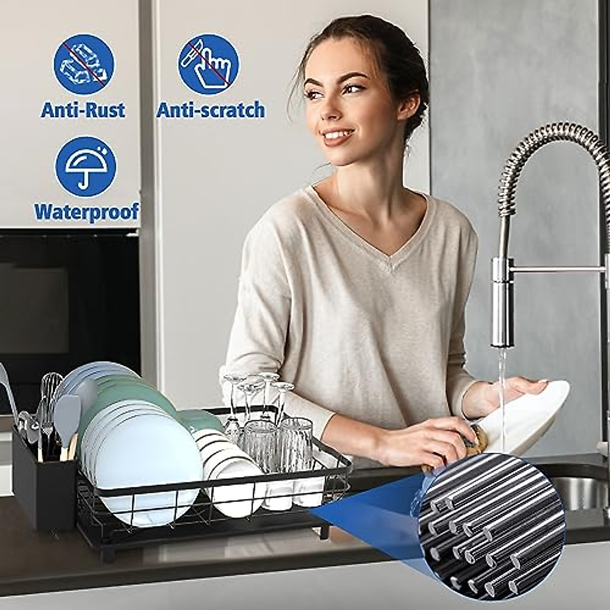 LIONONLY Large Dish Drying Rack with Drainboard, Stainless Steel Dish Rack for Kitchen Counter,Detachable Dish Drainer Organizer Shelf with Utensil Holder Set (Black)