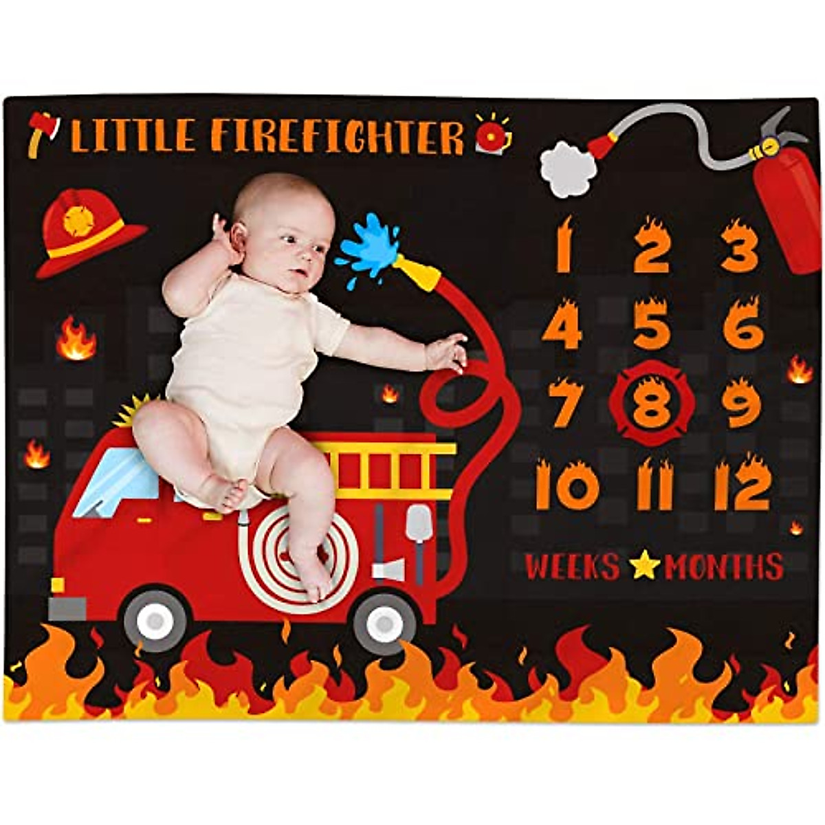 Fire Truck Baby Milestone Blanket for Boy Little Firefighter Monthly Growth Tracker Soft Plush Fleece Nursery Blanket Newborn Baby Boy Bedding Photography Background