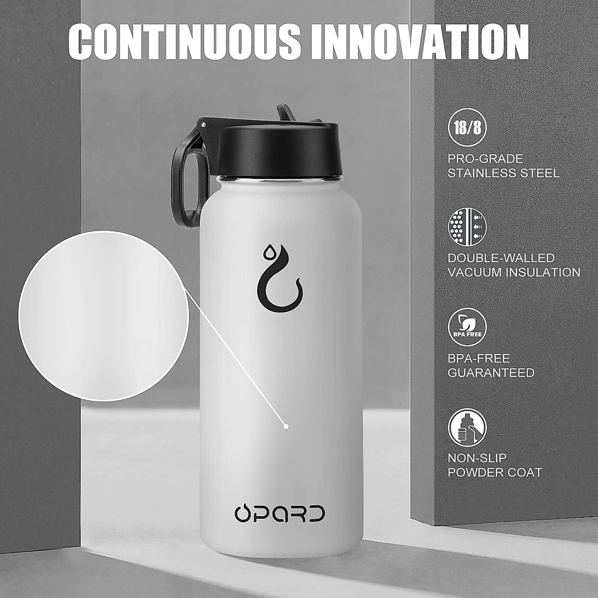 Opard Stainless Steel Water Bottle, 32 oz Vacuum Insulated Double Walled Leak Proof Sports Water Bottle with Straw for Gym Travel Camping