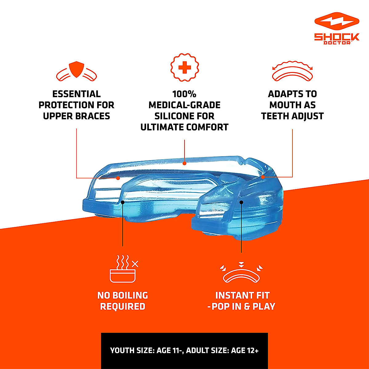 Shock Doctor Upper & Lower Mouth Guard for Braces w/Helmet Strap, Teeth Protection for Football Helmet, Adult & Youth Sizes