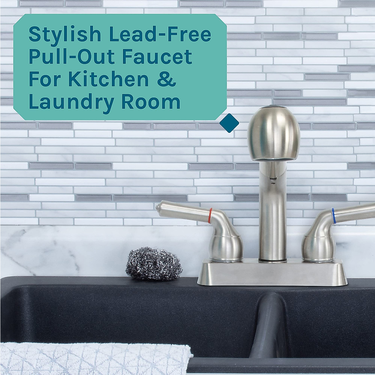 JS Jackson Supplies Dual Handle Pull Out Faucet, Stainless Steel Finish, 4 Inch Center Set, Universal Utility Sink or Laundry Tub ABS Plastic Faucet with Spray Setting