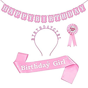 Happy Birthday Decorations Banner for Girls Pink Birthdy Girl Headband Sash Pin Button for Little Girls Birthday Party Favos Supplies Accessories , 4 Pcs