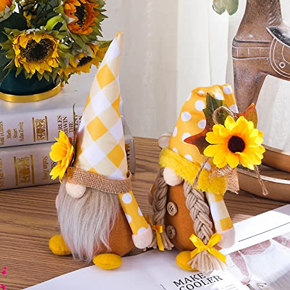 GUDVES Sunflower Dwarf Plush Decorative Toys 2 Pieces - Handmade Dolls - Swedish Dwarf Dolls Table Shelf Layer Tray Decorations with Flowers Easter Home Decorations, Gifts for mom (Sunflower)