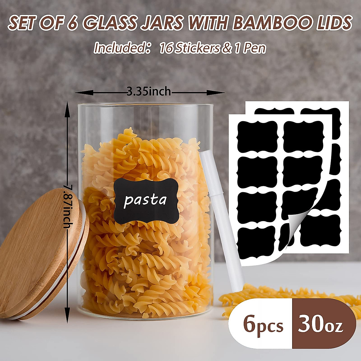 Claplante 6 Pack Glass Food Storage Containers Jars with Airtight Bamboo Lid, 30oz Pantry Organization Jar for Spice, Tea, Flour & Sugar Container, Canister Set for Kitchen Counter, Glass Terrarium