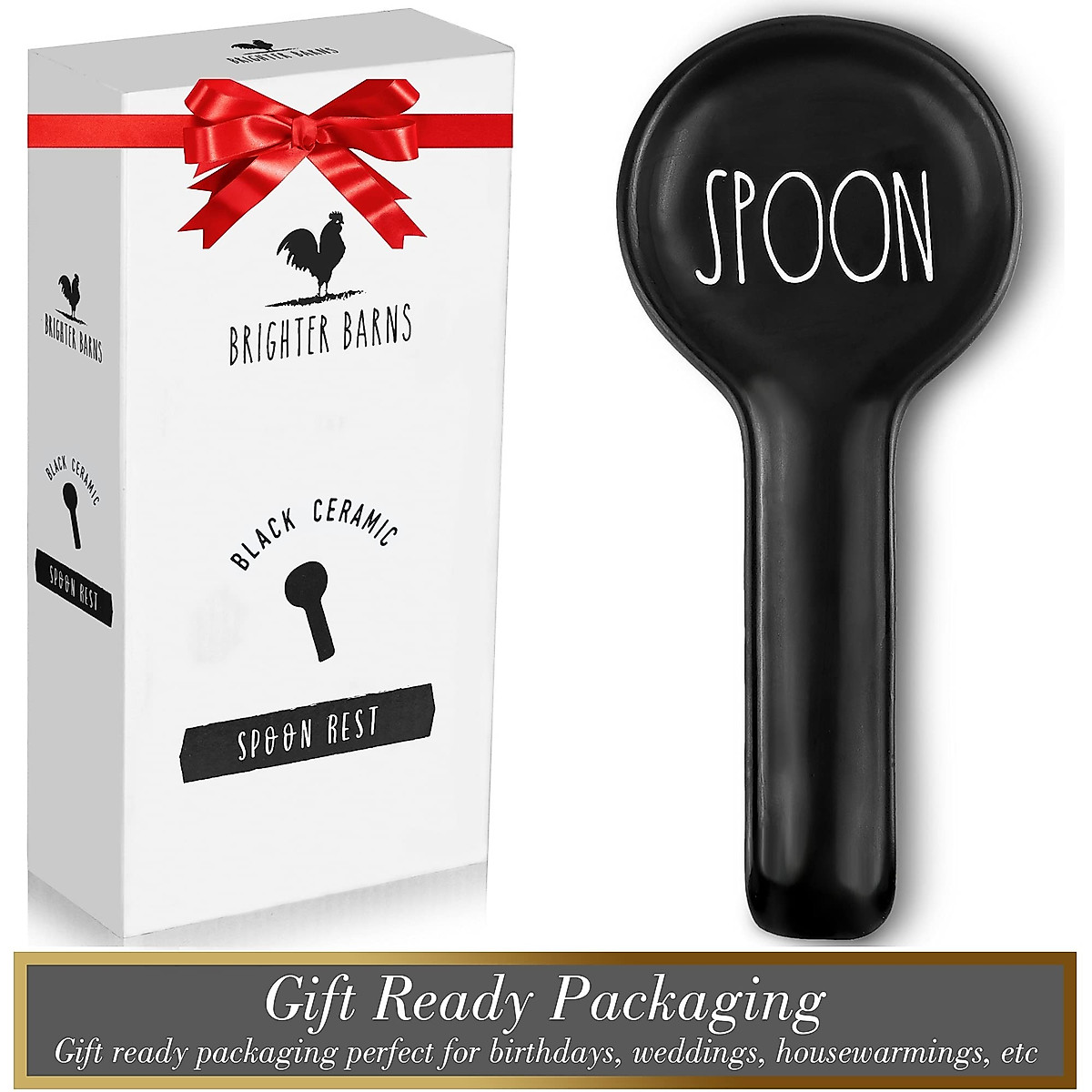 [Set of 2] Farmhouse Spoon Rests for Kitchen Counter by Brighter Barns - Black White Ceramic Spoon Rest for Stove Top - Stove Spoon Holder for Countertop - Coffee Spoon Rest - Farmhouse Kitchen Decor