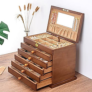 ZZYINH AN207 Solid Wood Six-Layer Jewel Box Large Capacity with Lock Retro Eardrop Earrings Necklace Jewelry Gift Small Jewelry (Color : Black)