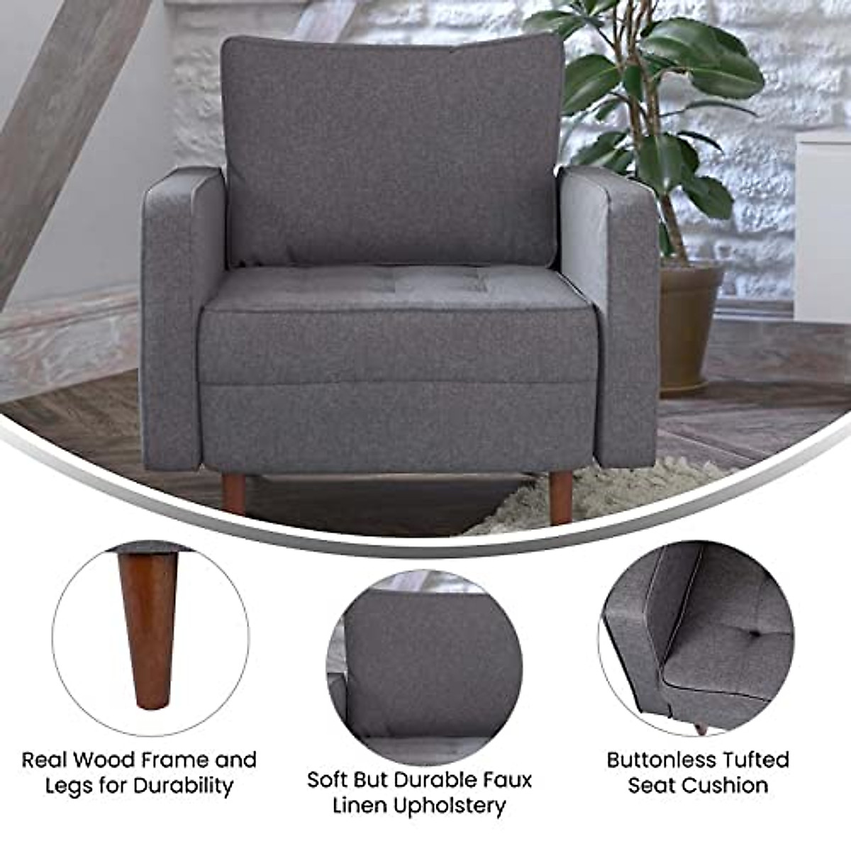 Flash Furniture Hudson Mid-Century Modern Commercial Grade Armchair with Tufted Faux Linen Upholstery & Solid Wood Legs, Set of 1, Dark Gray