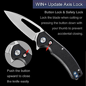 WIN+ Pocket Knife, Folding Knife with Button Lock and Axis Lock, Tactical Knife with Ball Bearing and Thumb Hole for Men and Women, Good for Camping and Outdoor 3444 (Black-G10)