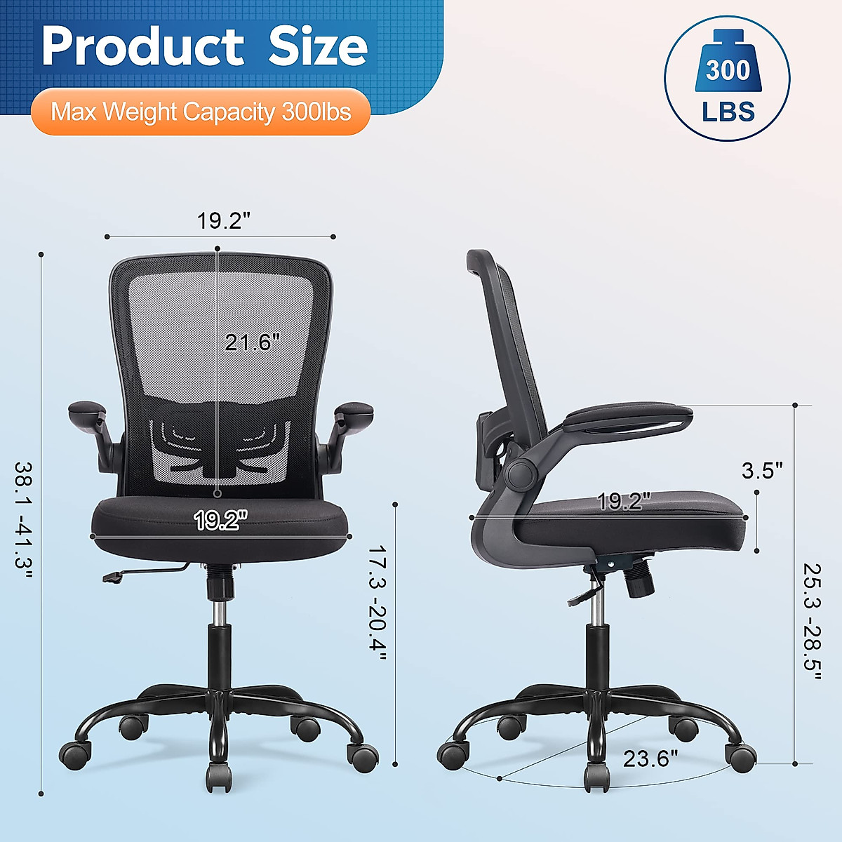 DEVAISE Mesh Office Chair, Ergonomic Computer Chair with Flip-up Arms and Lumbar Support, Tall Adjustable Desk Chair 300 lb Capacity, Black