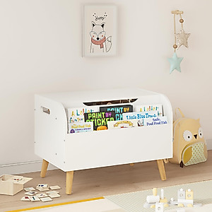 Wooden Toy Box, Kids Toy Storage Organizer with Front Bookshelf, Flip-Top Lid, Safety Hinge, Boys Girls Toy Chest Bench for Playroom Kids Room Organization (White)