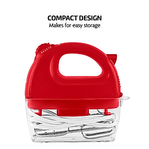 OVENTE Portable Electric Hand Mixer 5 Speed Mixing, 150W Powerful Blender for Baking & Cooking with 2 Stainless Steel Chrome Beater Attachments & Snap Clear Case Compact Easy Storage, Red HM161R