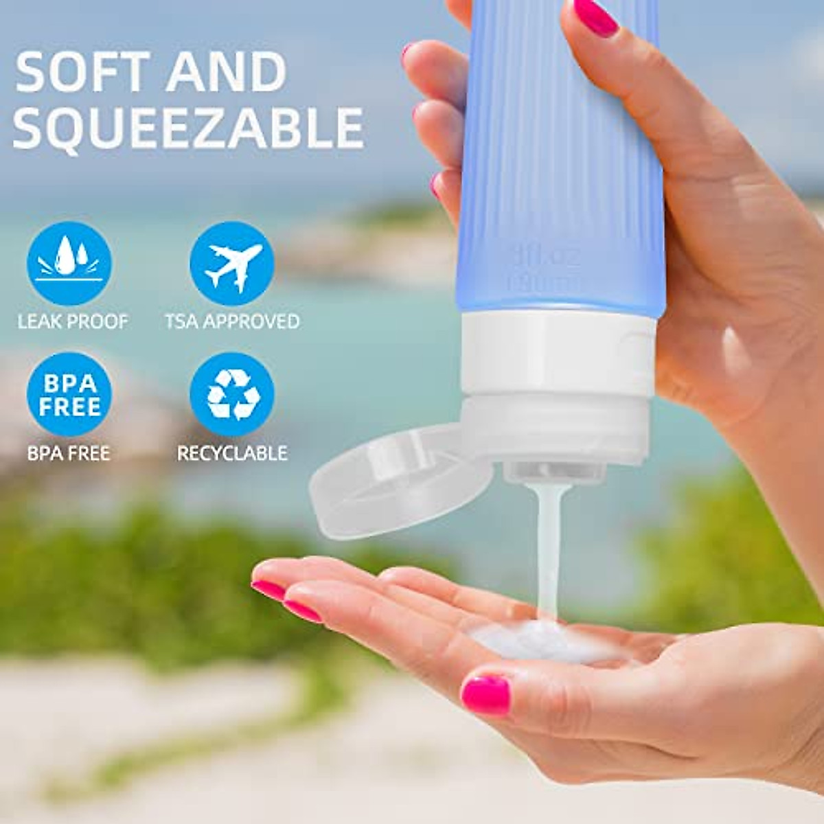 FUNAURORE Travel Bottles for Toiletries, 3 OZ Tsa Approved Travel Size Containers with Labels, Silicone Leak Proof BPA Free Squeezable Travel Essentials for Shampoo, Conditioner,Lotion (5 Pack)