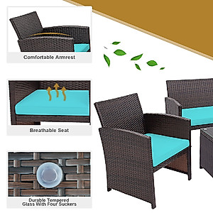 DORTALA 4 Pieces Wicker Patio Furniture Set, Outdoor PE Rattan Conversation Set with Chairs, Loveseat, Coffee Table, Cushions for Poolside, Turquoise