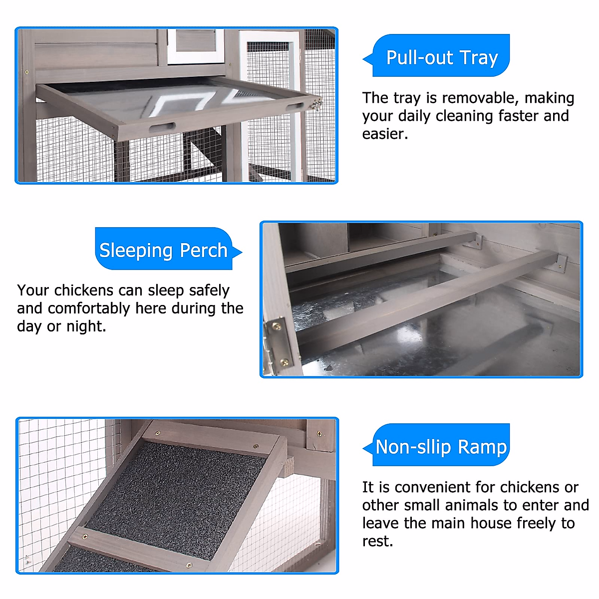 PetsCosset Chicken Coop Wooden Backyard Hen House - Indoor Outdoor for 2-3 Chickens, 2 Story Poultry Cage with Run, Chicken Nesting Box, Pull Out Trays and Anti-Slip Asphalt Ramp