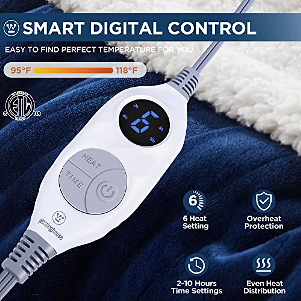 Westinghouse Electric Blanket Throw Heated Blanket with 6 Heating Levels and 2-10 Hours Time Settings, Flannel to Sherpa Super Cozy Heated Blanket Machine Washable, 50x60 inch, Navy