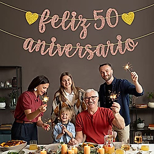 Feliz 50 Aniverasrio Banner, Rose Gold Glitter Happy 50th Anniversary Sign, 50th Birthday Wedding / Aniverasrio / Cheers to 50 Years Party Decorations Supplies