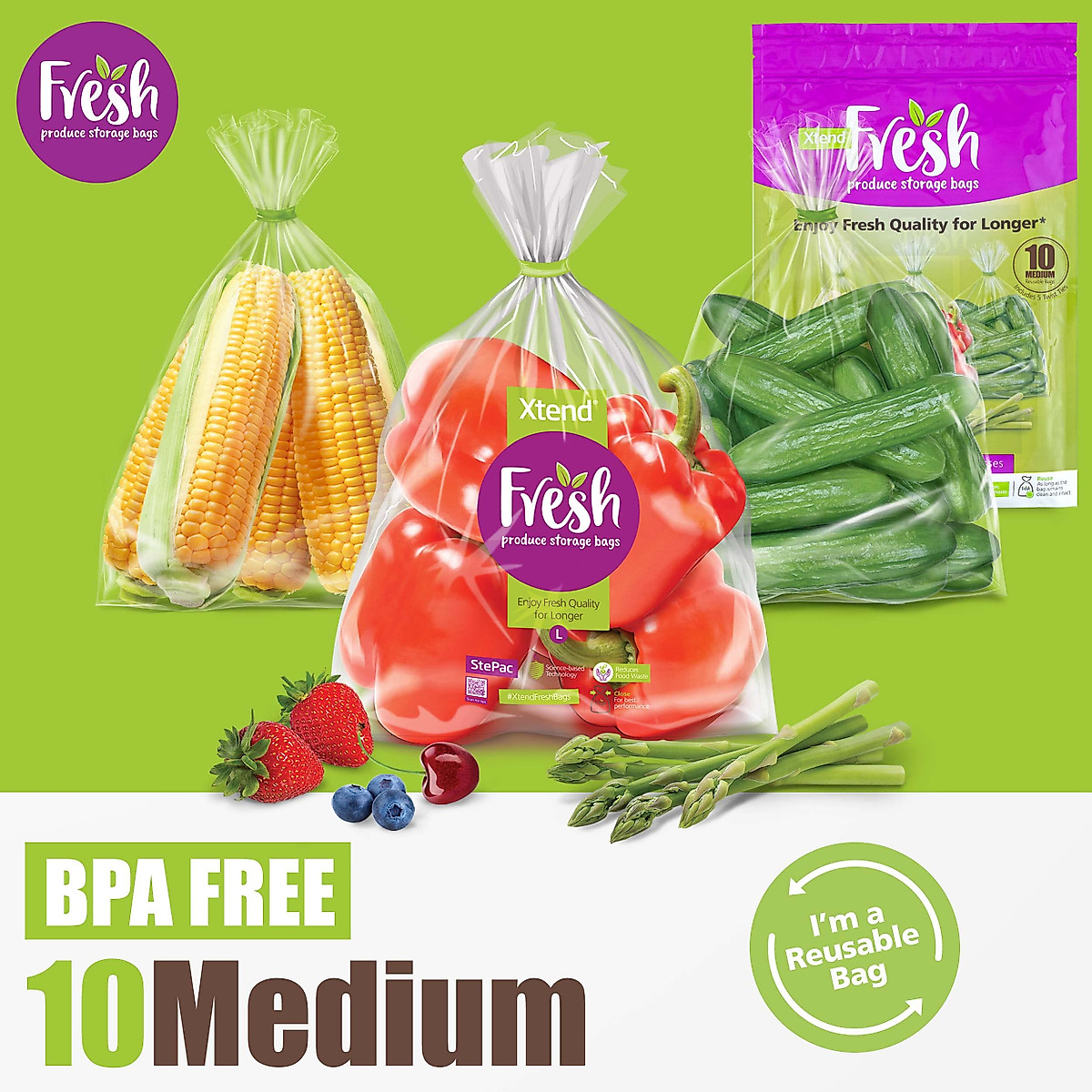 Xtend Fresh Produce Bags for Fridge Storage, 10 Reusable Bags (Medium size 0.5 gallon), Science Based Technology Keeps Fruits, Vegetables, & Herbs Fresh Longer
